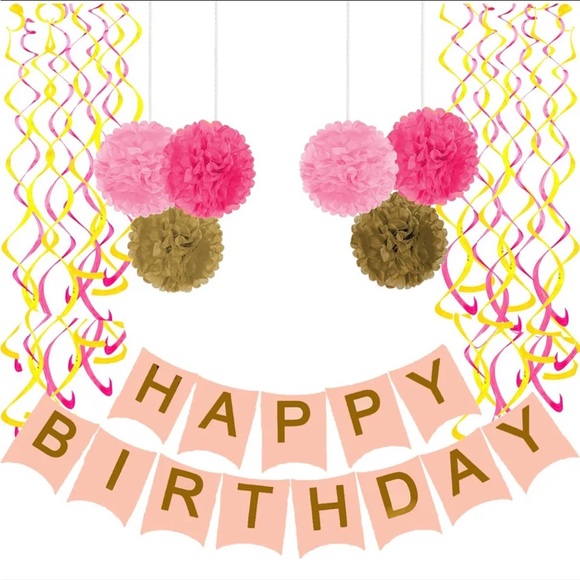 Party Supplies | Happy Birthday Banner Party Decorations With 6 Pom Pom ...
